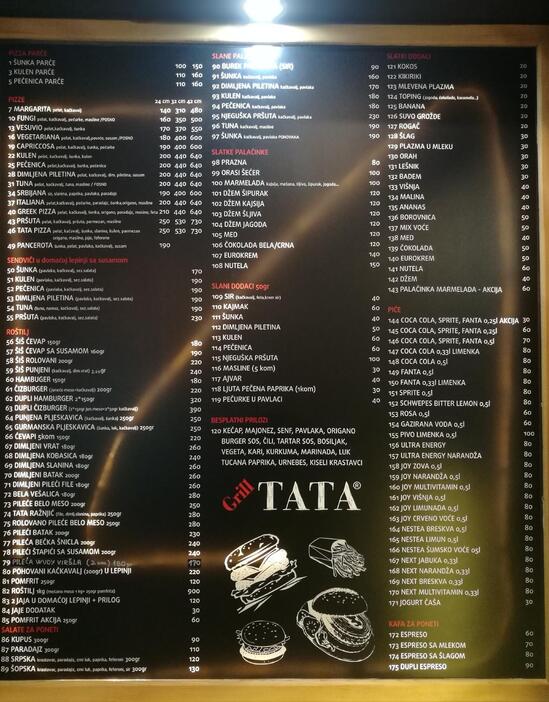 Menu au Tata Grill restaurant, Belgrade