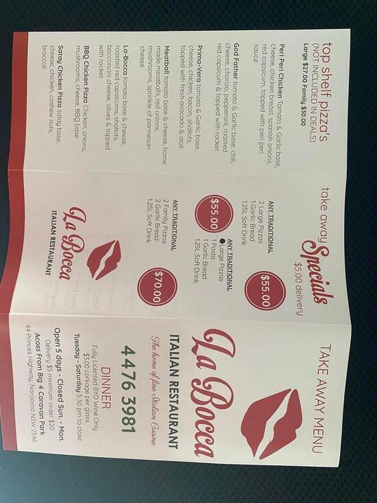 Menu at La Bocca Family Restaurant, Narooma, 44B Princes Hwy