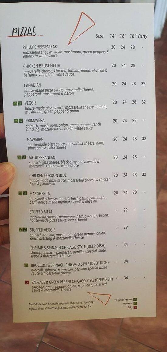 Menu at Papillon Pizzeria, Newmarket