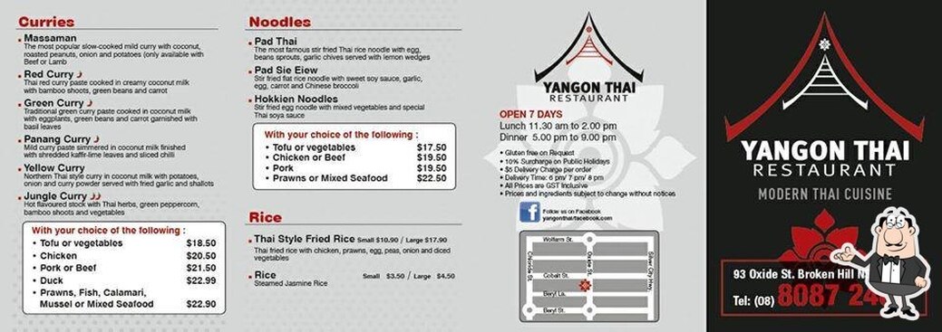 Menu at Yangon Thai Restaurant, Broken Hill