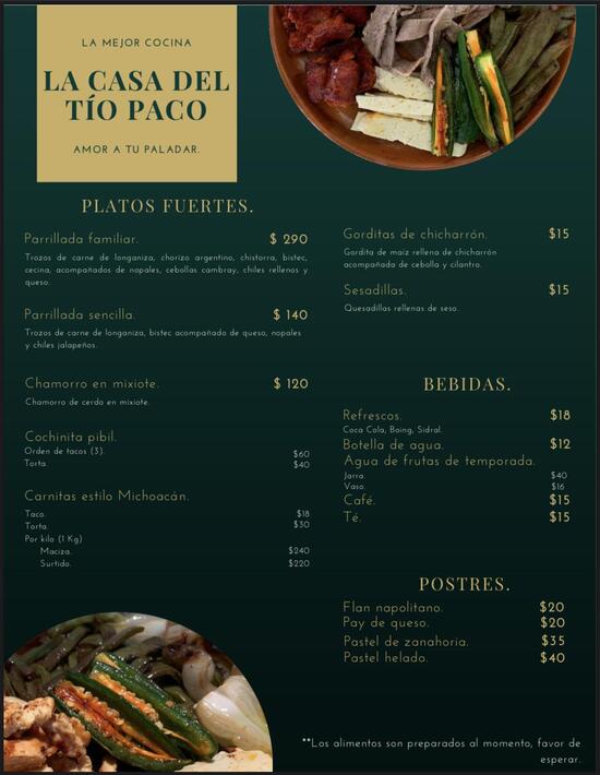 Carta del restaurante LA CASA DEL TÍO PACO, Apizaco
