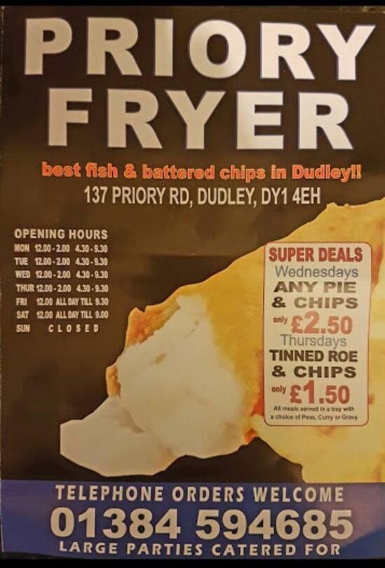 Menu at Priory Fryer restaurant, Dudley