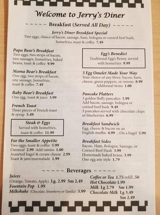 Carta del restaurante Jerry's diner, Bridgewater