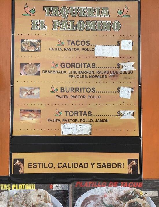 Menu at Taqueria El Palomino restaurant, Corinth