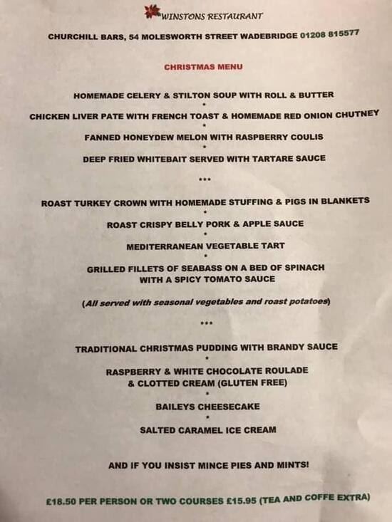 Menu at Winstons restaurant, Wadebridge