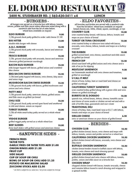 Menu at El Dorado Golf Course Restaurant, Long Beach