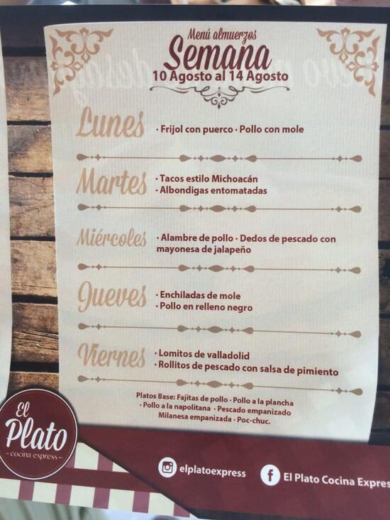 Menu at El Plato fast food, Merida