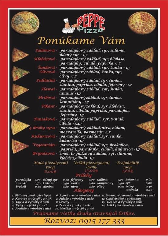 Menu at Peppe Pizza restaurant, Komárno