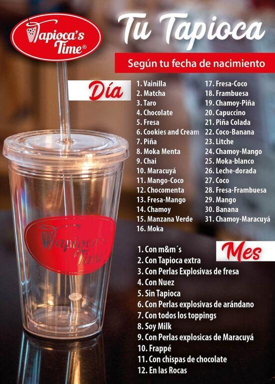 Menu at Tapioca's Time cafeteria, Colima
