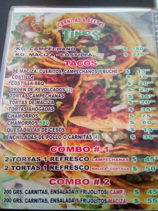Menu at Carnitas tiko's restaurant, Metepec, Wenceslao Labra 12