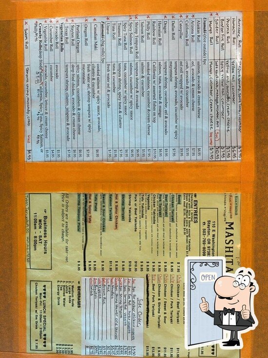 Menu at Mashita Teriyaki Restaurant, Stayton