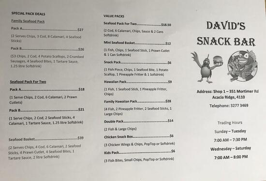 Menu at David's Snack Bar, Acacia Ridge