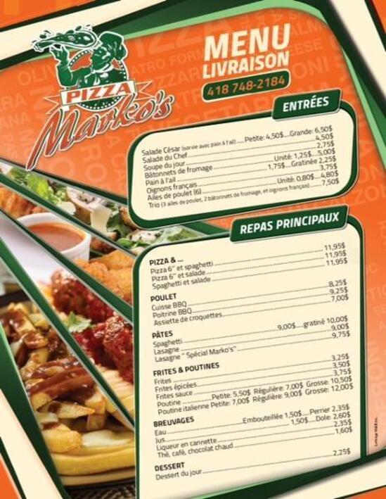 Menu at Pizza Marko's pizzeria, Chibougamau