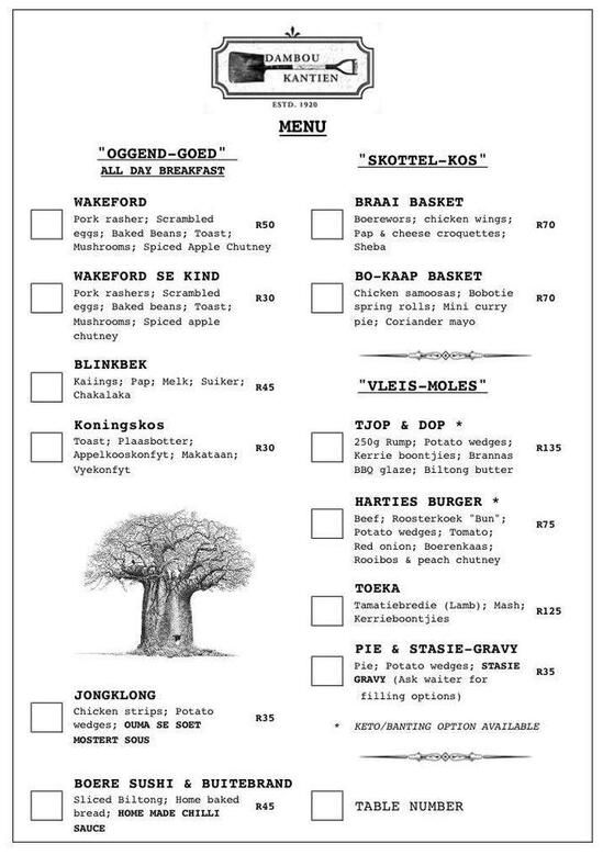 Menu at Dambou Kantien cafe, Hartbeespoort