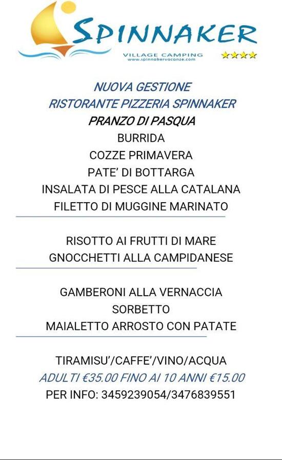 Menu da Ristorante Pizzeria Spinnaker, Torre Grande