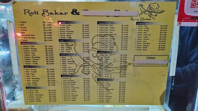 Menu at Roti Bakar Kang Udin restaurant, Malang
