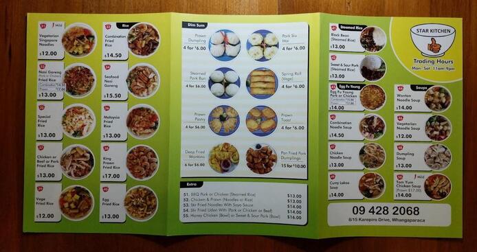 Menu at Star Kitchen restaurant, Whangaparaoa, 15 Karepiro Dr