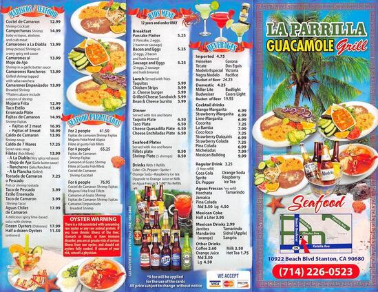 Menu at La Parrilla Guacamole Grill restaurant, Stanton