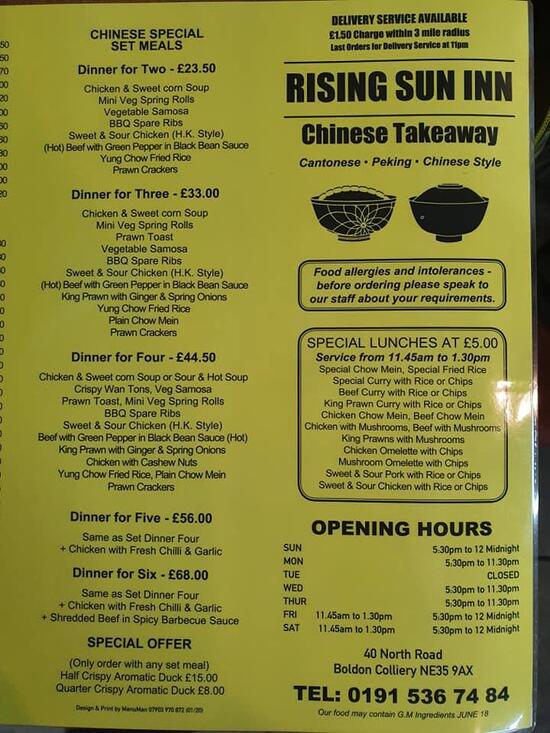 Menu at Rising Sun fast food, Boldon Colliery