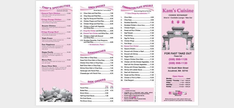Menu at Kam's Cuisine Chinese Restaurant, Acushnet