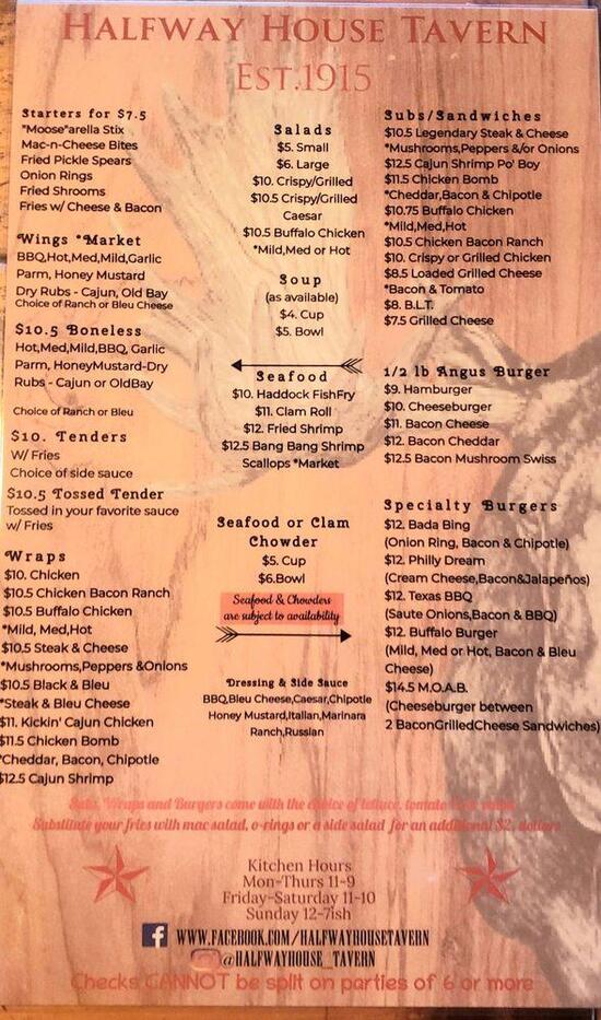 Menu at Halfway House Tavern pub & bar, Ravena