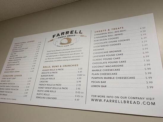 Menu at Farrell Bread & Bakery, Tulsa, S Yale Ave