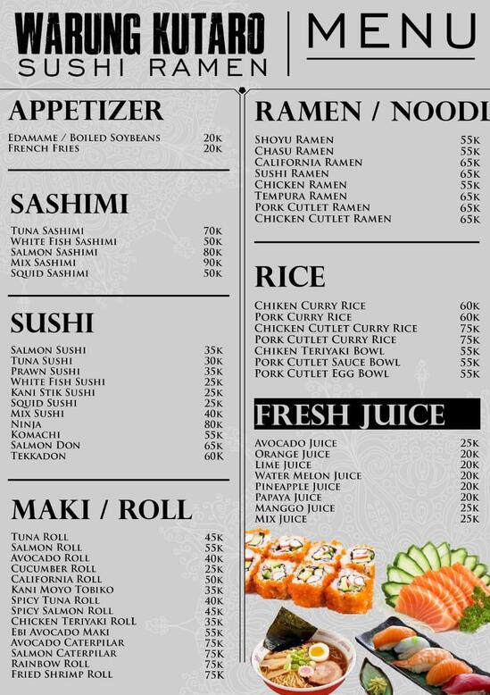 Menu at Sushi & Ramen Warung Kutaro at JFC restaurant, Mengwi