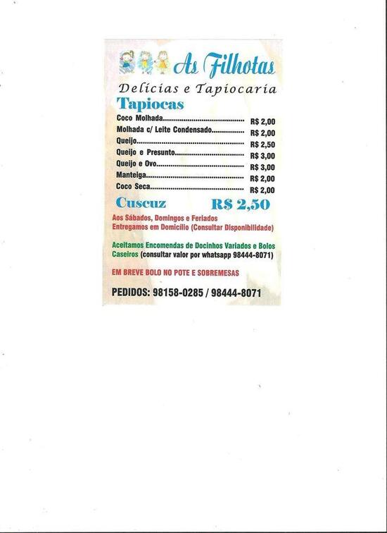 Menu at ThaTha's Delícias cafeteria, Belém