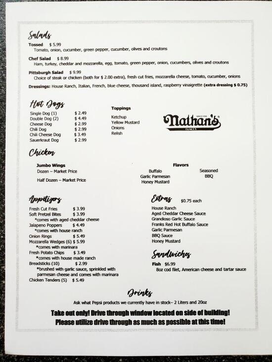 Menu at Novick's pizzeria, Rural Valley