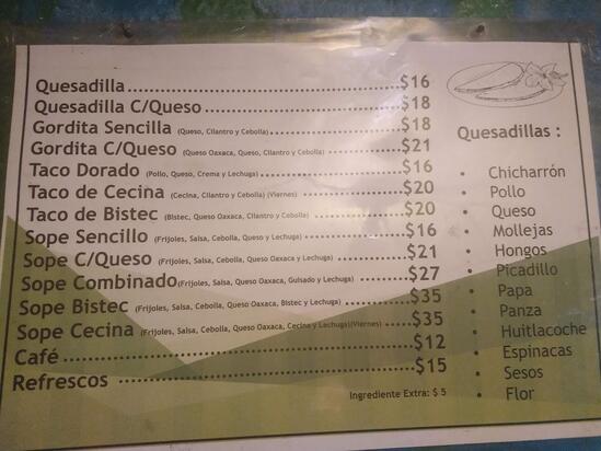 Menu at Quesadillas Doña Inés restaurant, Mexico City