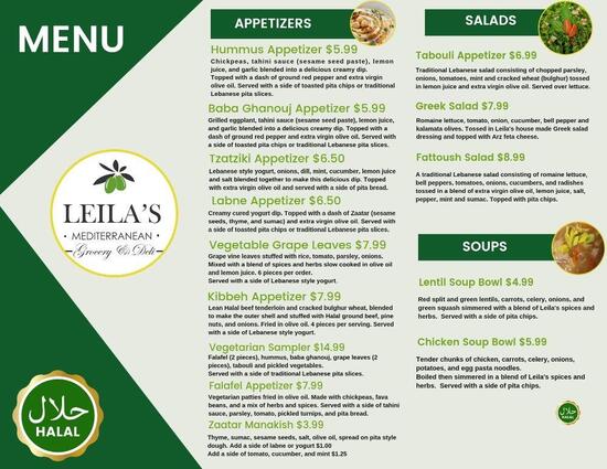 Menu at Leila's Mediterranean restaurant, Virginia Beach