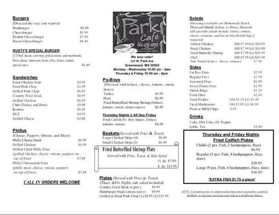 Menu at PARK CAFE, Greenwood