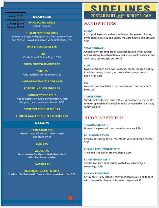 Menu at Sidelines Bar & Grill, Enterprise