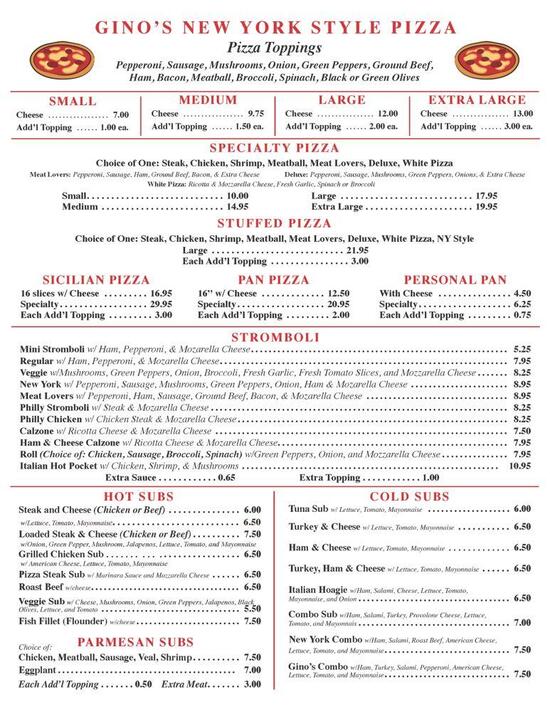Menu at Gino's Italian Restaurant, Chase City, 223 E 2nd St