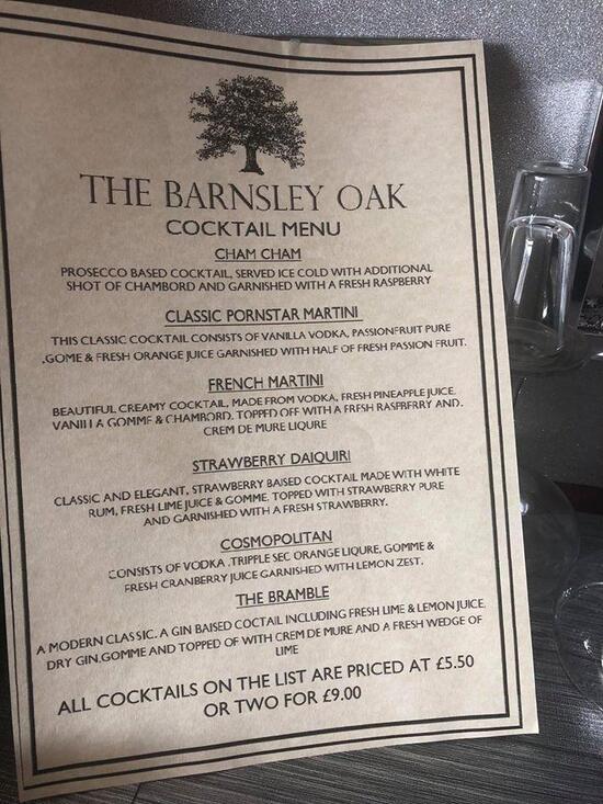 Menu at The Barnsley Oak, South Elmsall