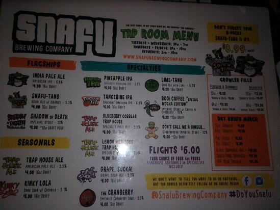 Menu at Snafu Brewing Company pub & bar, North Charleston