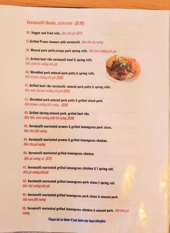 Menu at Pho Net Viet restaurant, Coquitlam