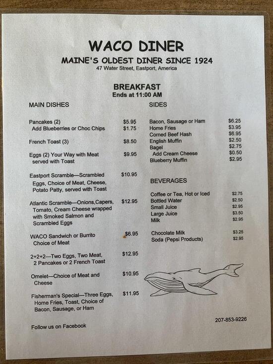 Menu at WaCo Diner restaurant, Eastport