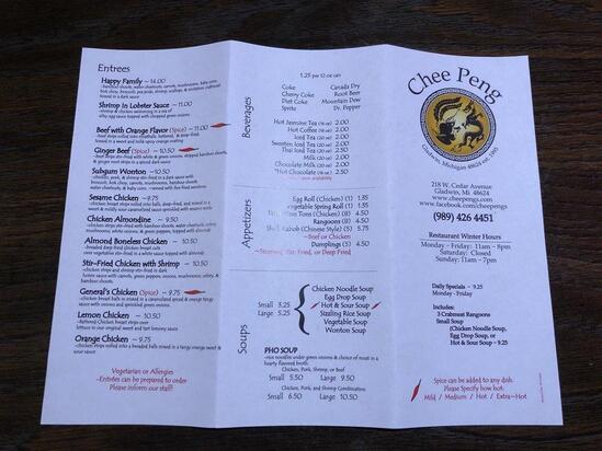 Menu at Chee Peng fast food, Gladwin
