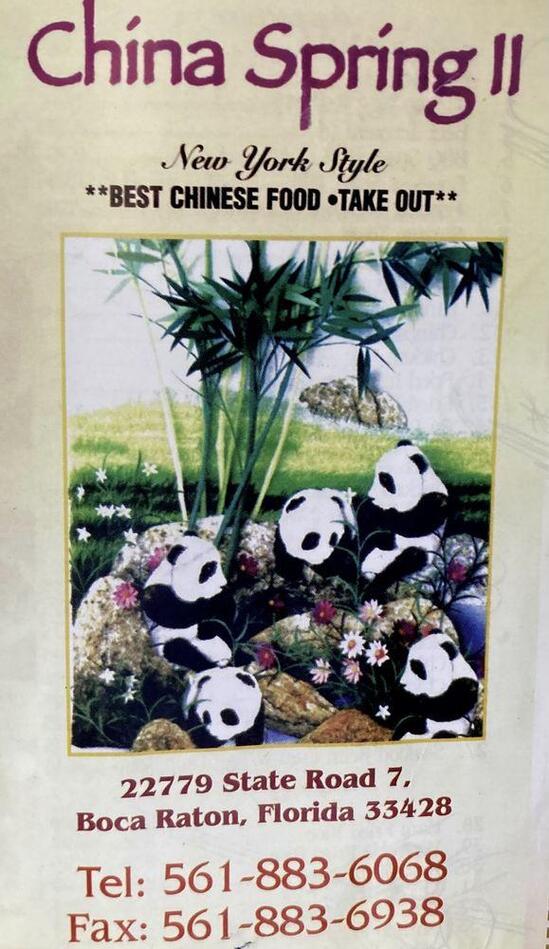 Menu at China Spring II restaurant, Boca Raton