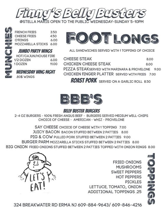 Menu at Finny's Belly Busters restaurant, Erma