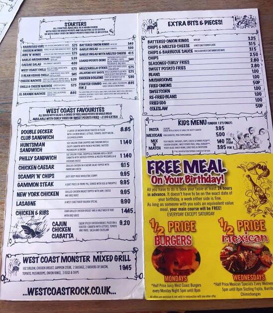 Menu at West Coast Rock Cafe, Blackpool