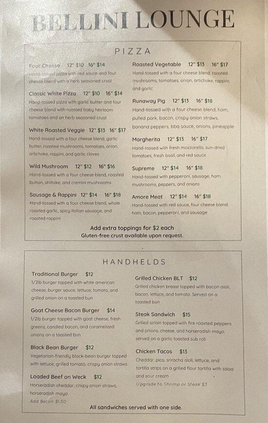 Menu at Bellini Lounge pizzeria, Mayville