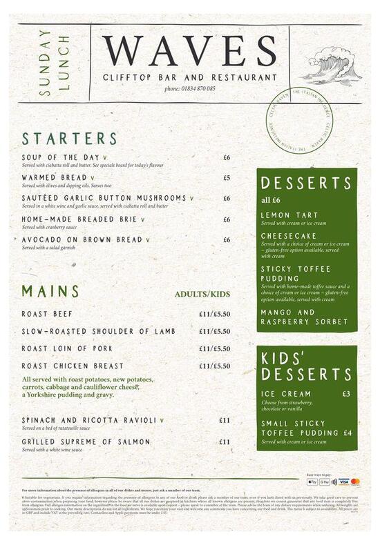 Menu at Waves Cliff-top Bar & Restaurant, Lydstep