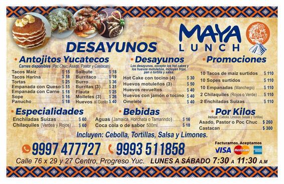 Menu at Maya Lunch restaurant, Progreso, Calle 76 por 29 y 27