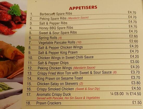 Menu at The New Oriental restaurant, Stirling