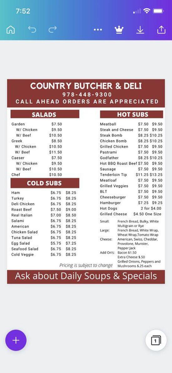 Carta del restaurante Country Butcher and Deli, Groton
