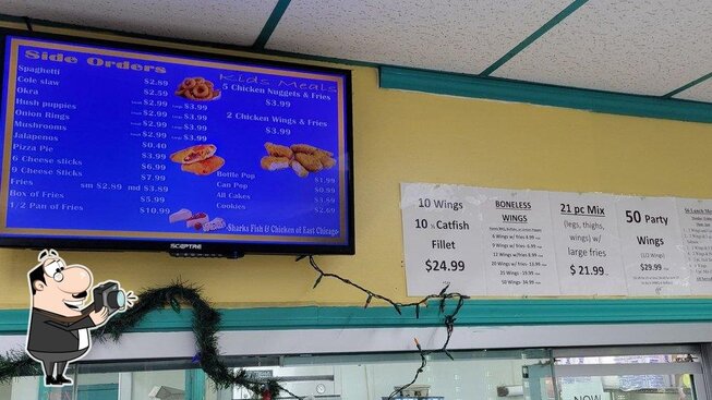 Menu at Sharks of East Chicago restaurant, East Chicago, Indianapolis Blvd