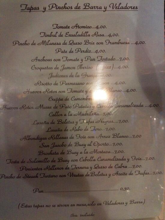 Menu at Cava Alta Fusion pub & bar, San Lorenzo de El Escorial, C. del Rey