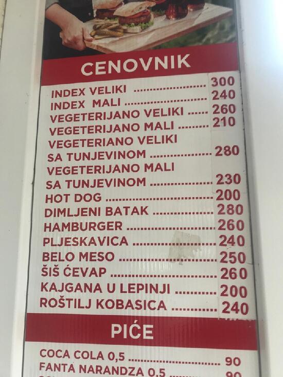 Menu at Index Maja restaurant, Novi Sad, Ulica Braće Popović
